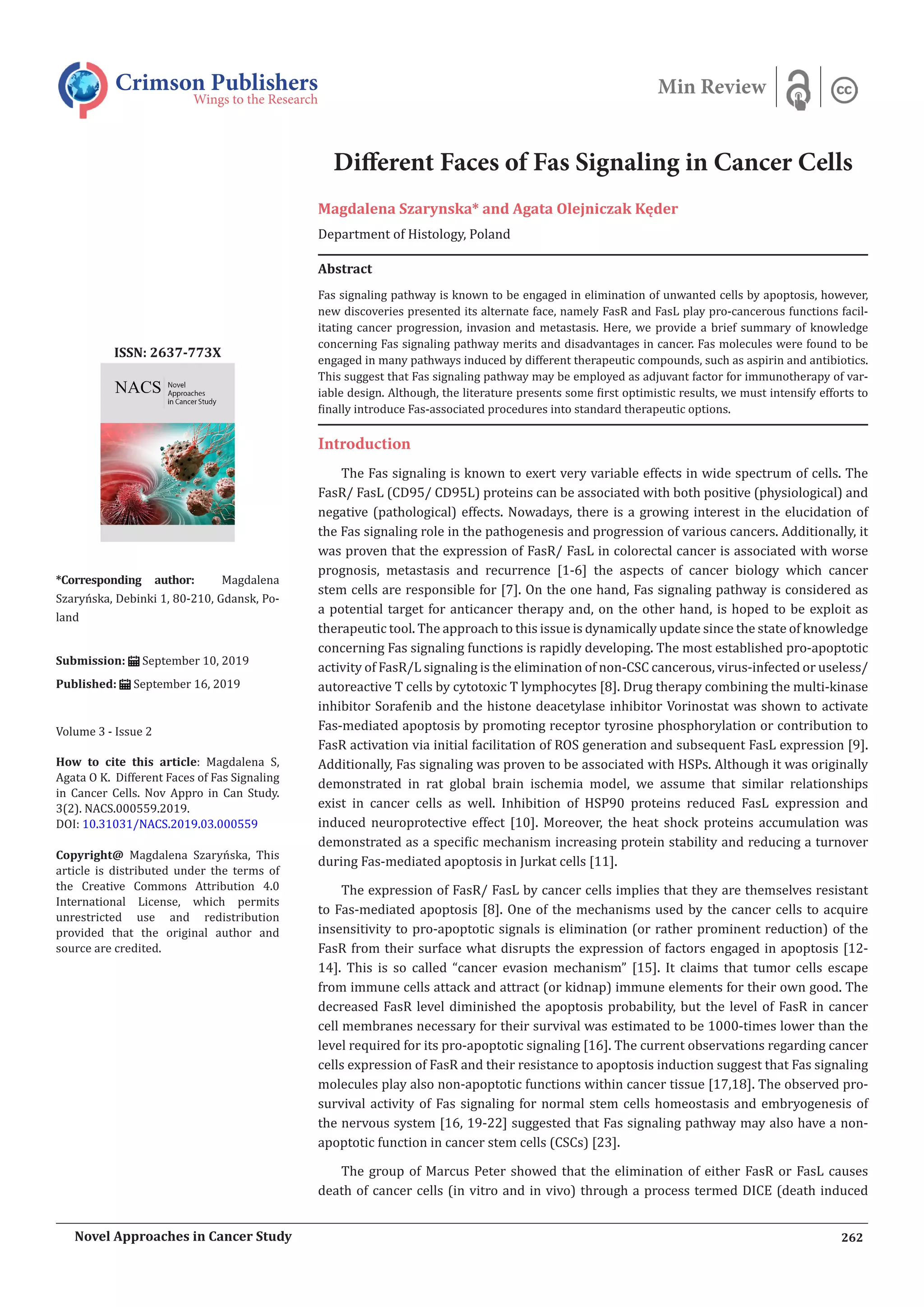 Different Faces of Fas Signaling in Cancer Cells-Crimson Publishers | PDF