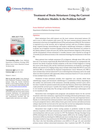 Treatment of Brain Metastases Using the Current Predictive Models: Is the Problem Solved ...