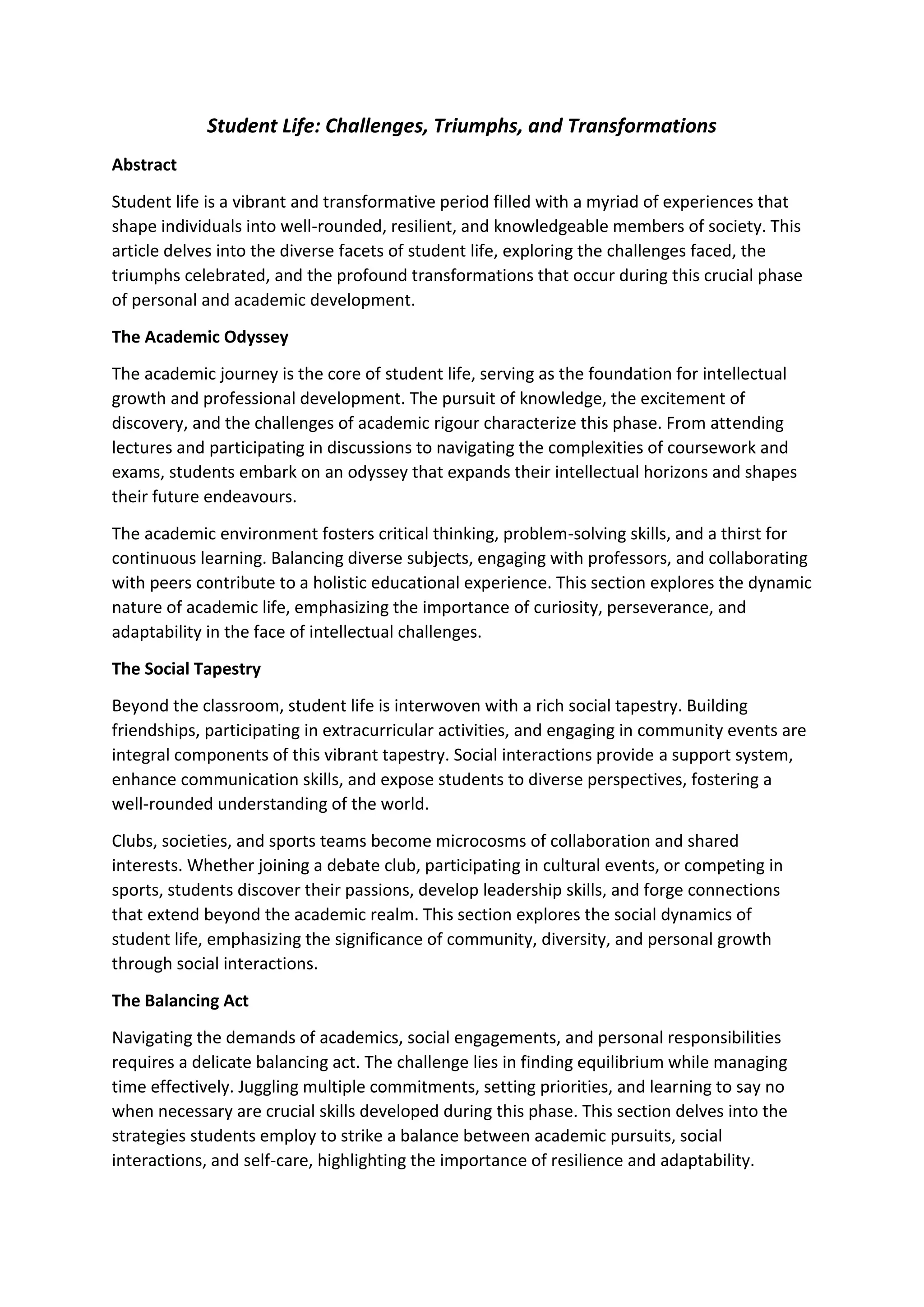Student Life: Challenges, Triumphs, and Transformations | PDF