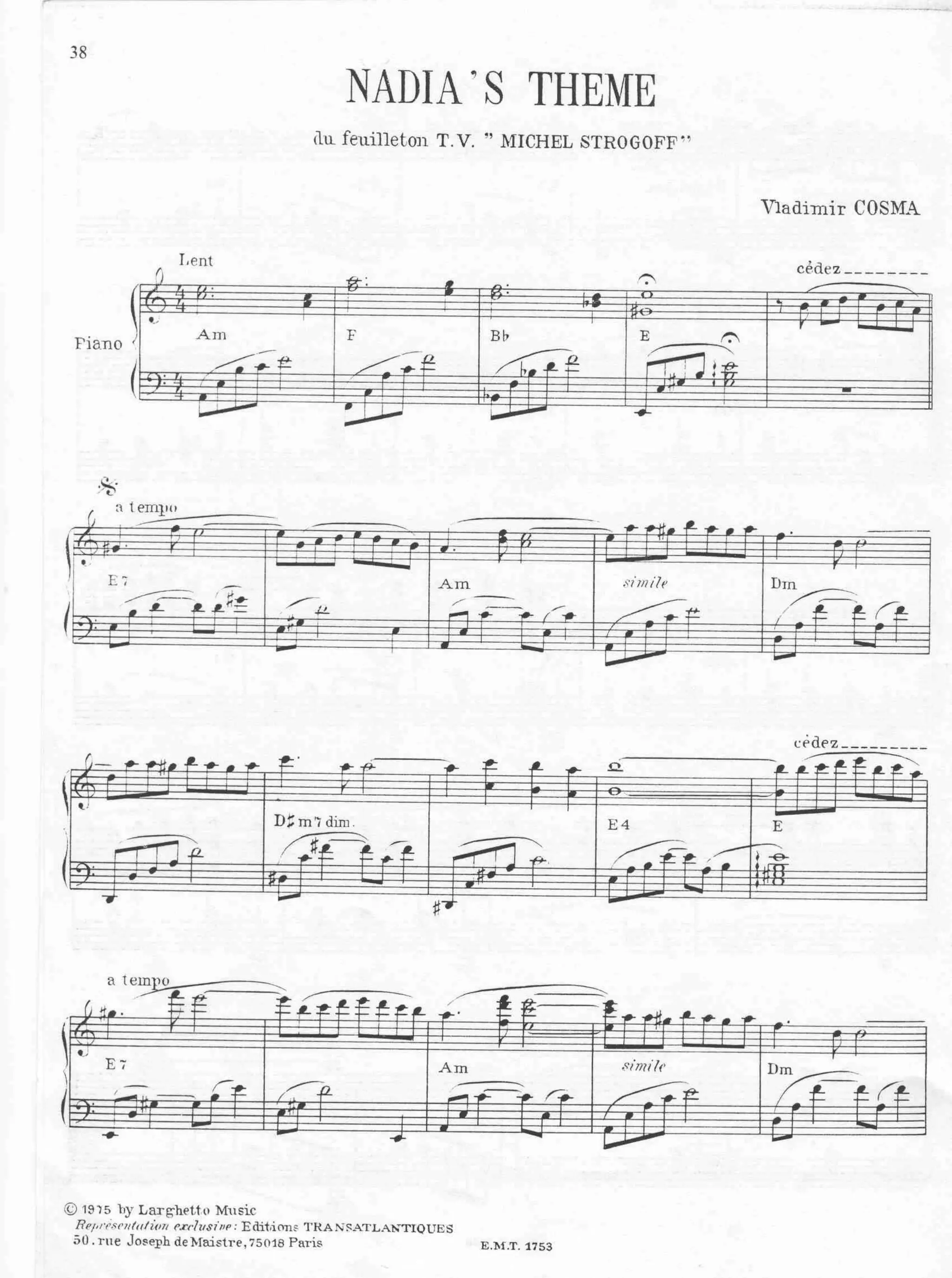 Nadia's theme - michel strogoff - vladimir cosma | PDF