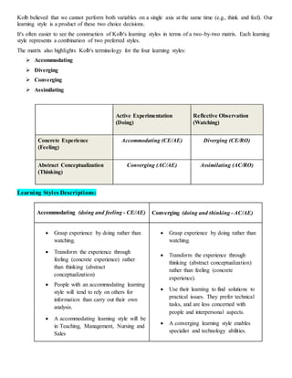 Experiential learning by david Kolb writeup | DOCX
