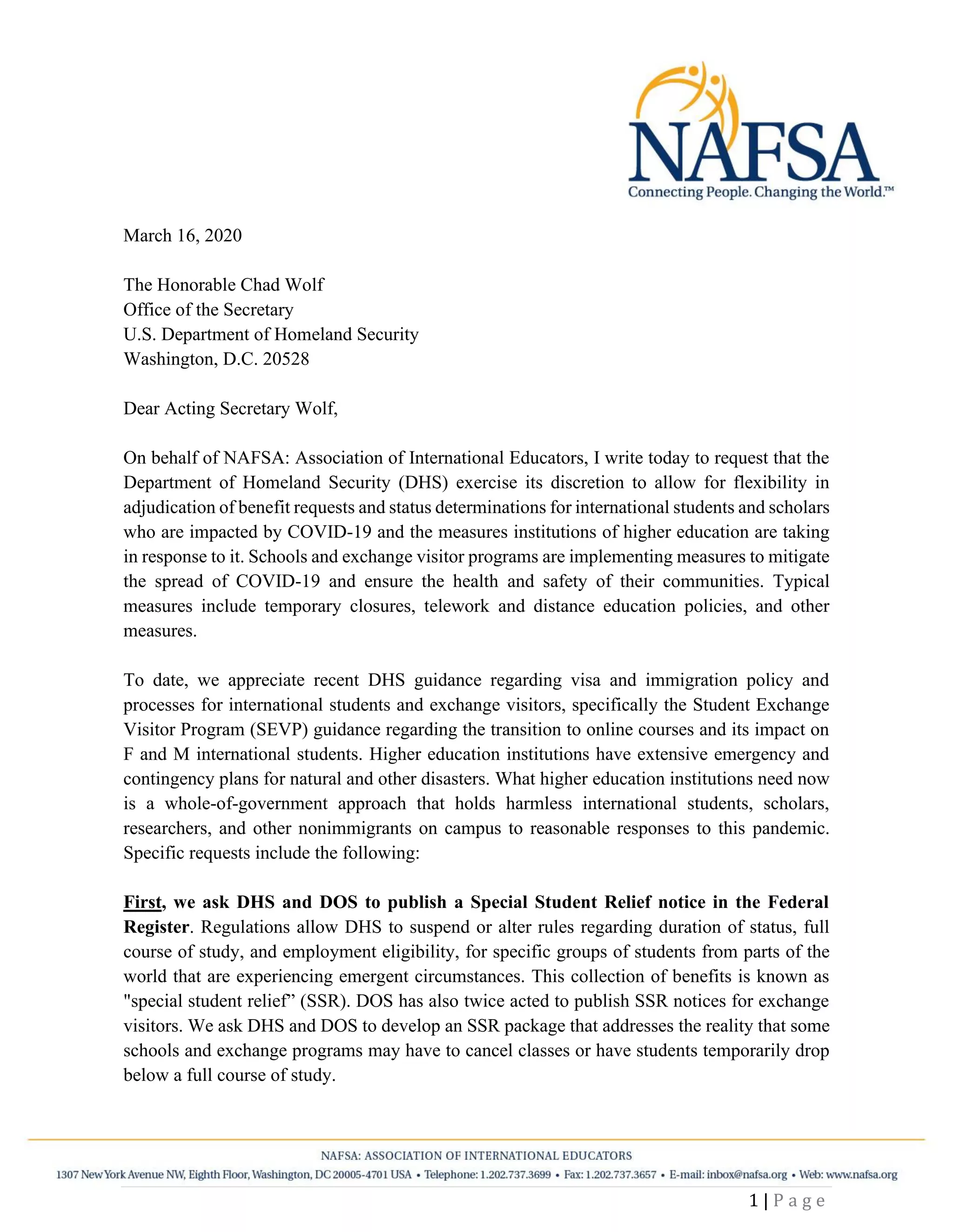 Nafsa letter to dhs regulatory issues and covid19 | PDF