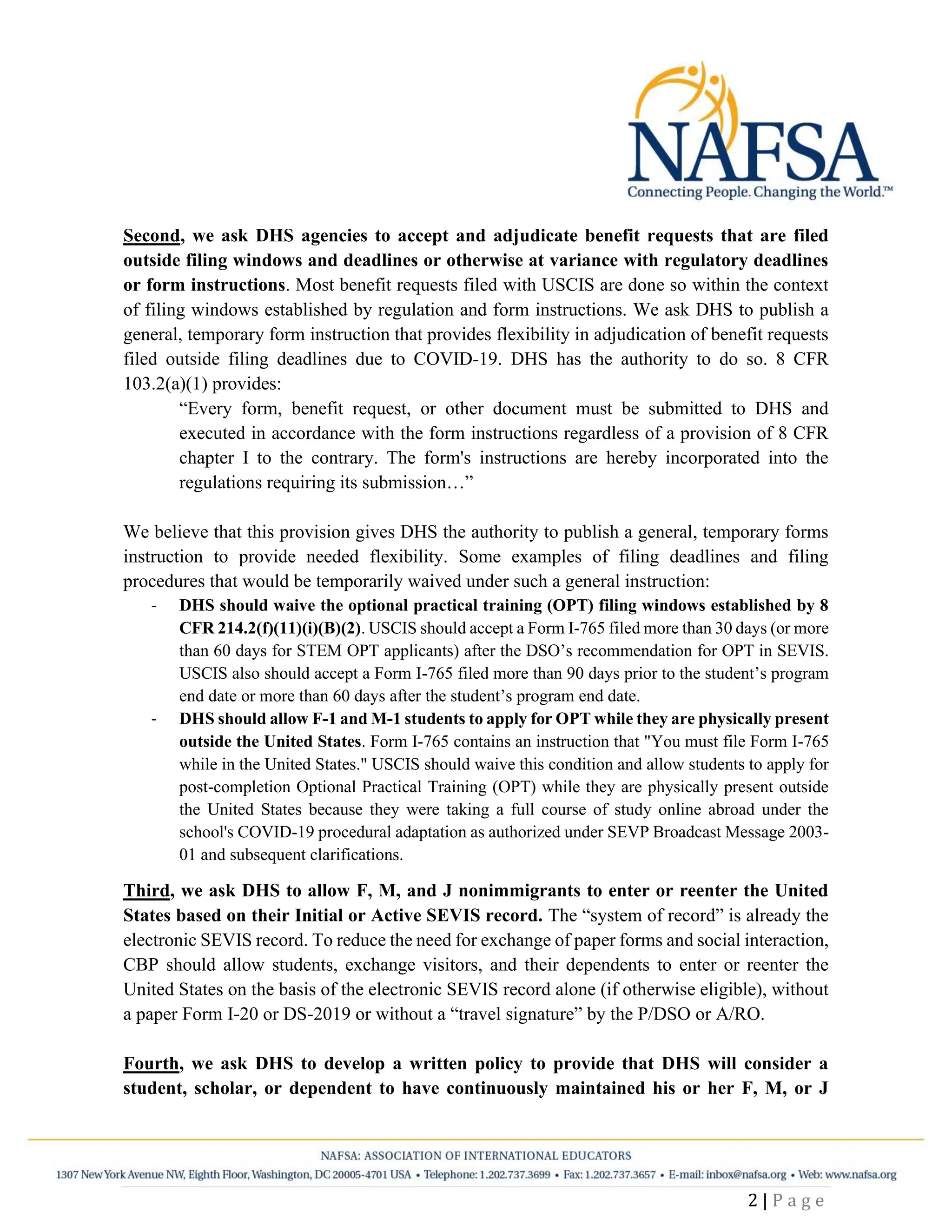 Nafsa letter to dhs regulatory issues and covid19 | PDF