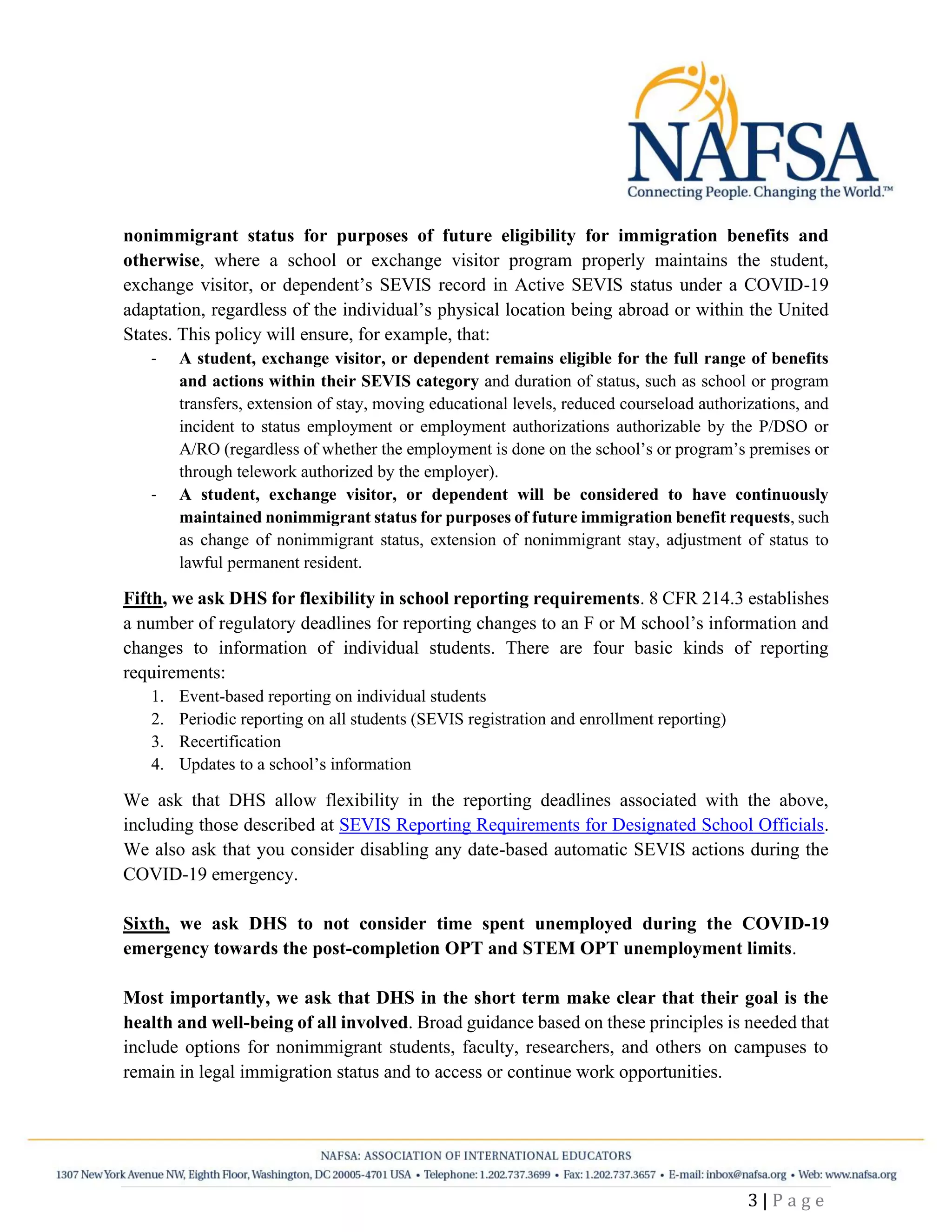 Nafsa letter to dhs regulatory issues and covid19 | PDF