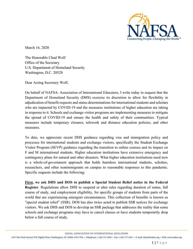 Nafsa letter to dhs regulatory issues and covid19 | PDF