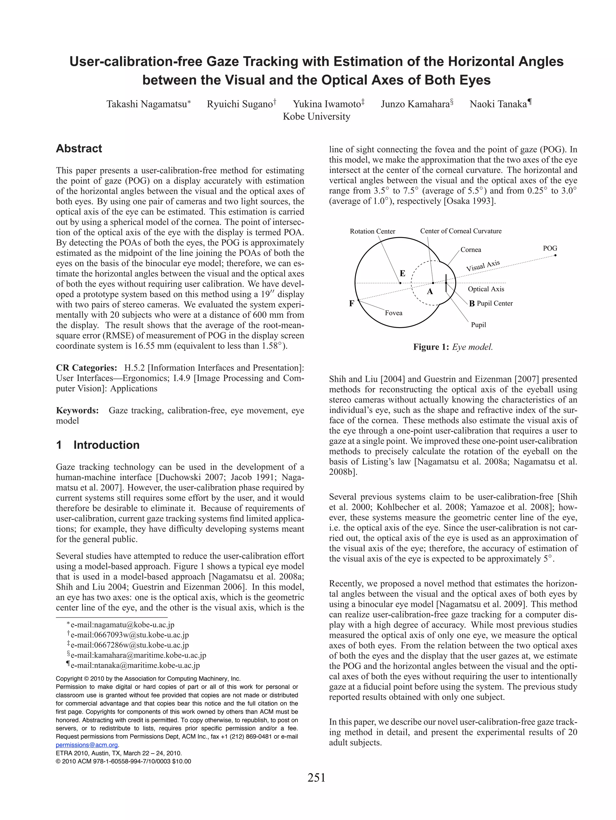 Nagamatsu User Calibration Free Gaze Tracking With Estimation Of The Horizontal Angles Between ...