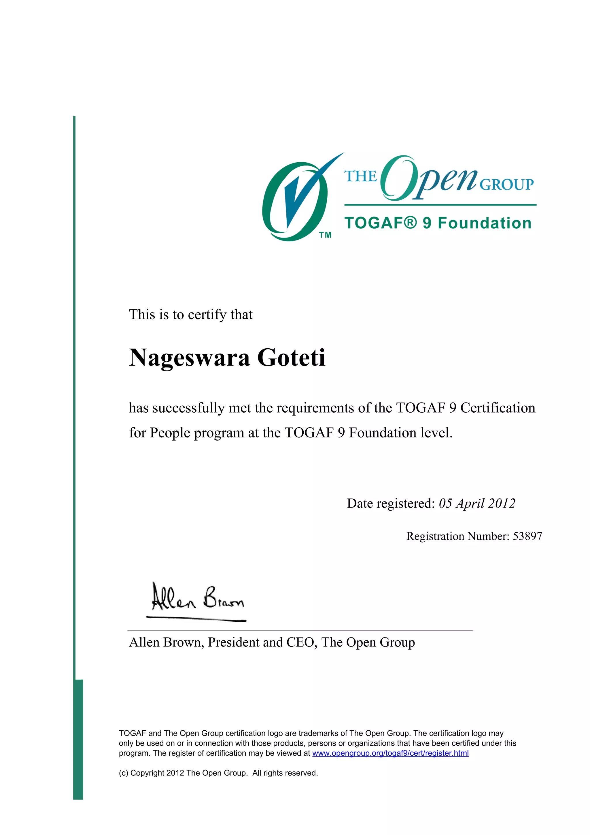 Nageswara Togaf Certificate | PDF
