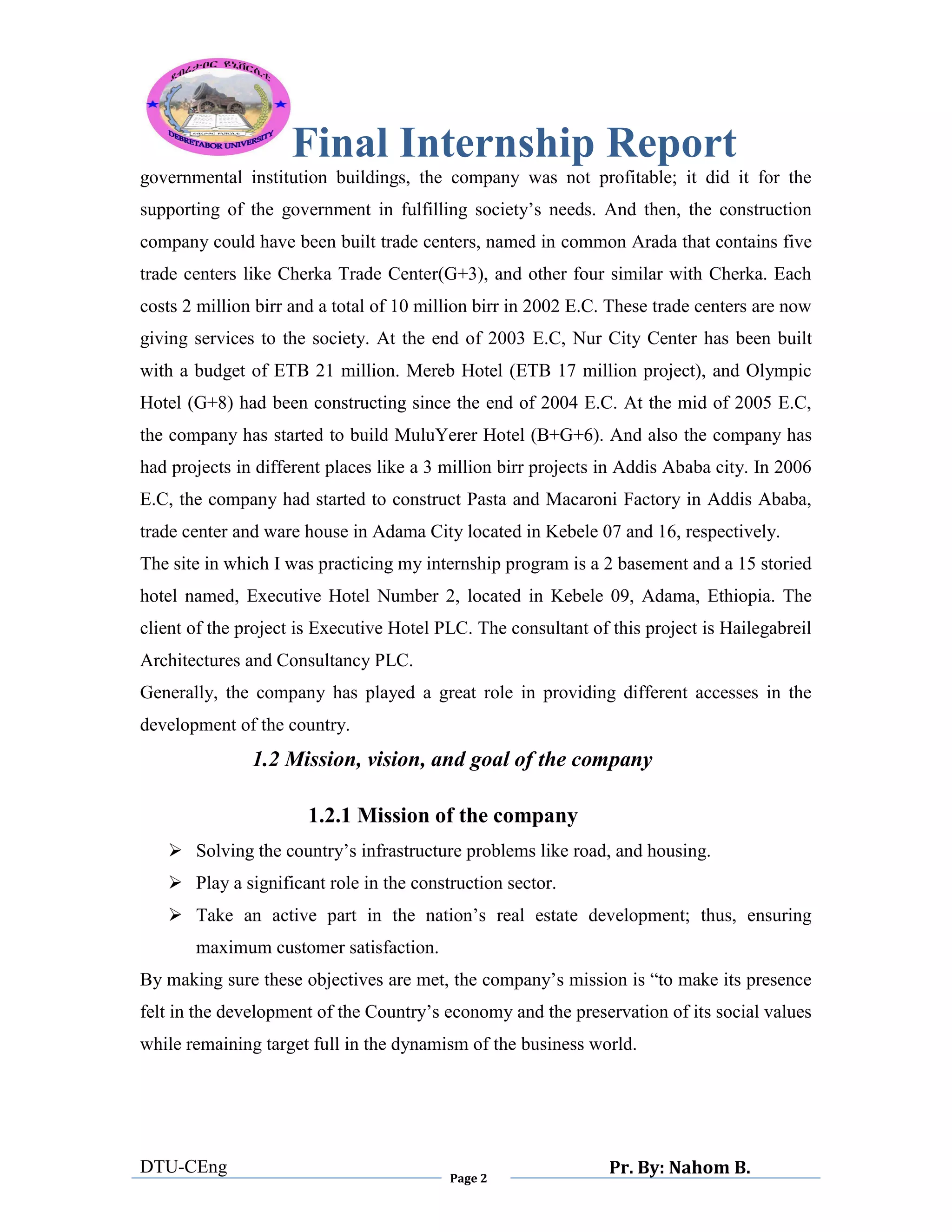 Nahom final internship report | PDF