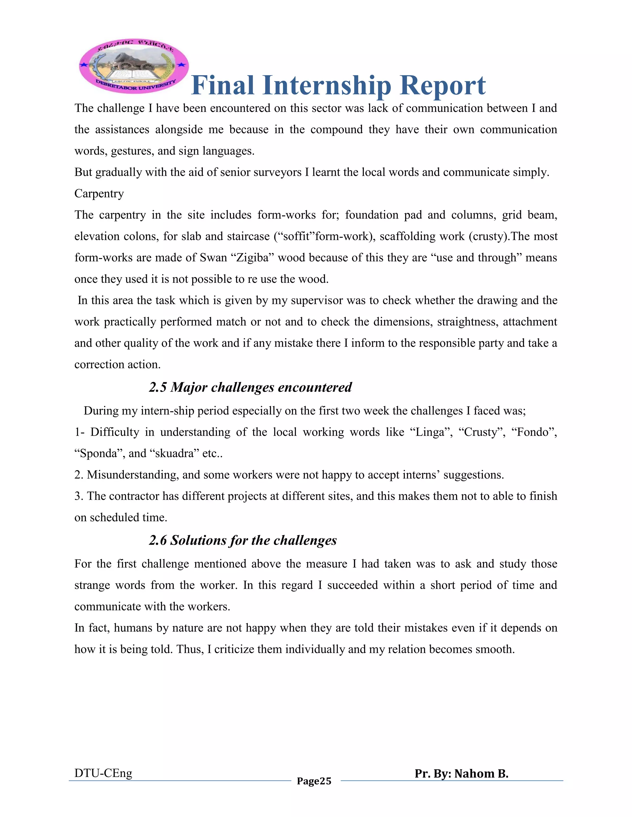 Nahom final internship report | PDF