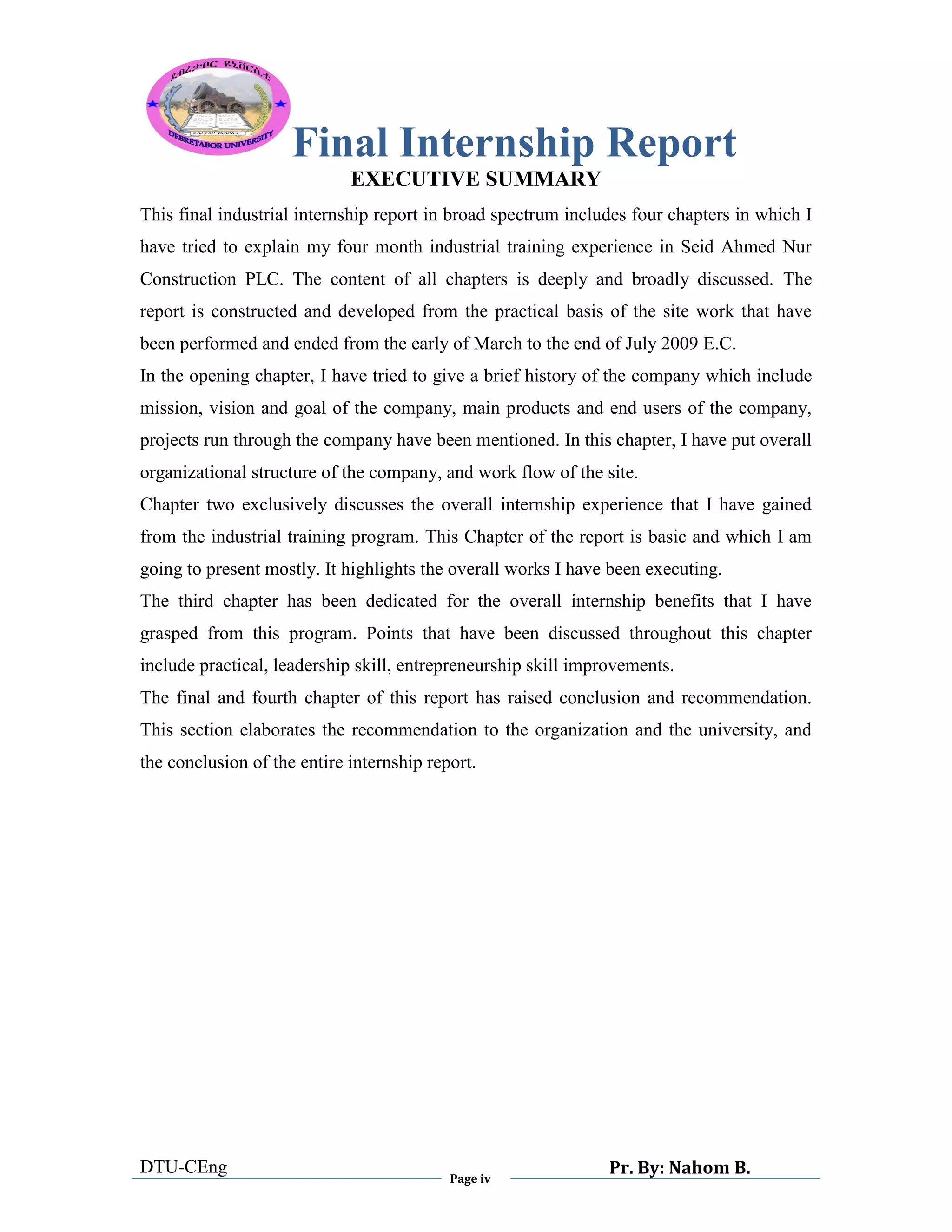Nahom final internship report | PDF