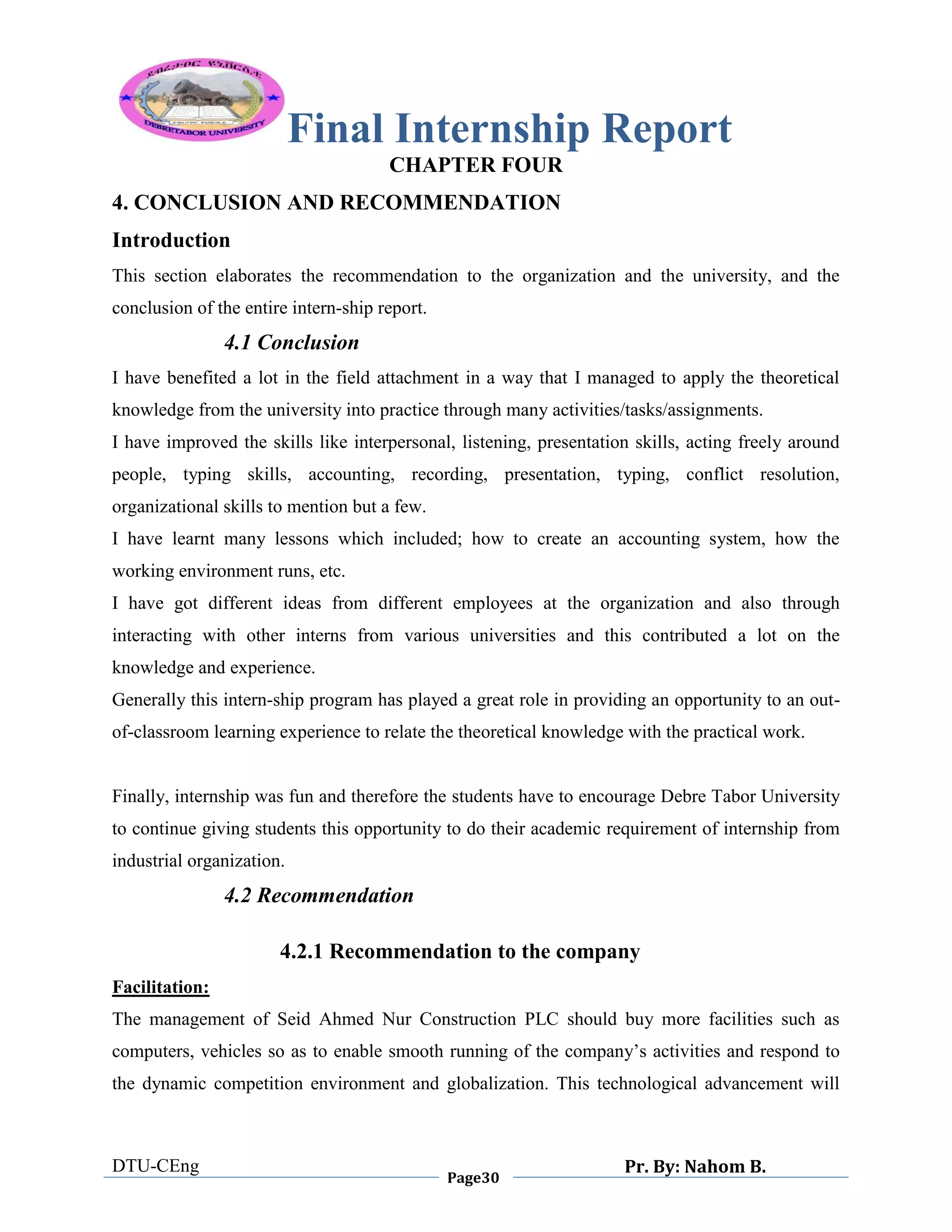 Nahom final internship report | PDF