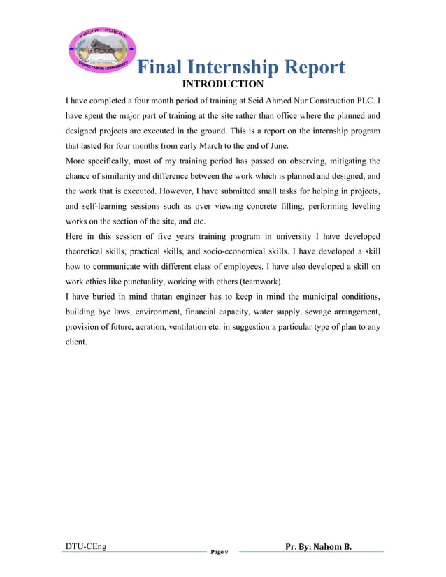 Nahom final internship report | PDF | Undergraduate Education | College Education