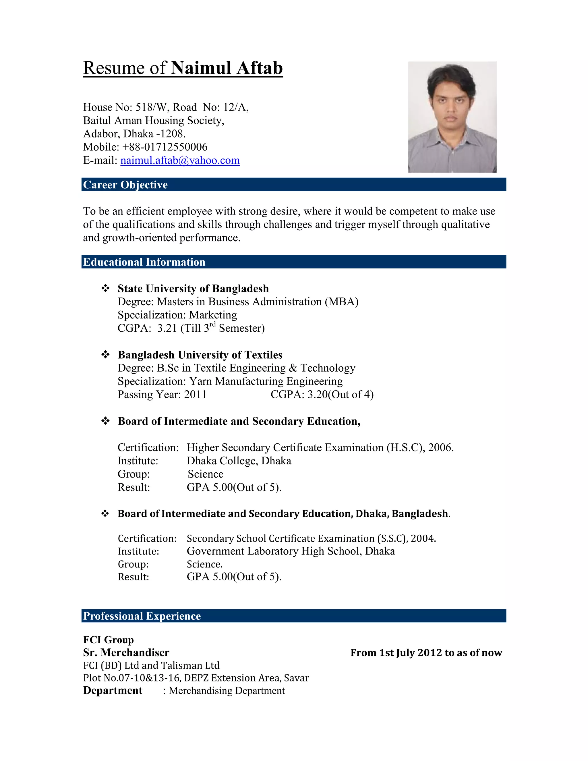 Naimul aftab cv | PDF | Business | Business and Finance