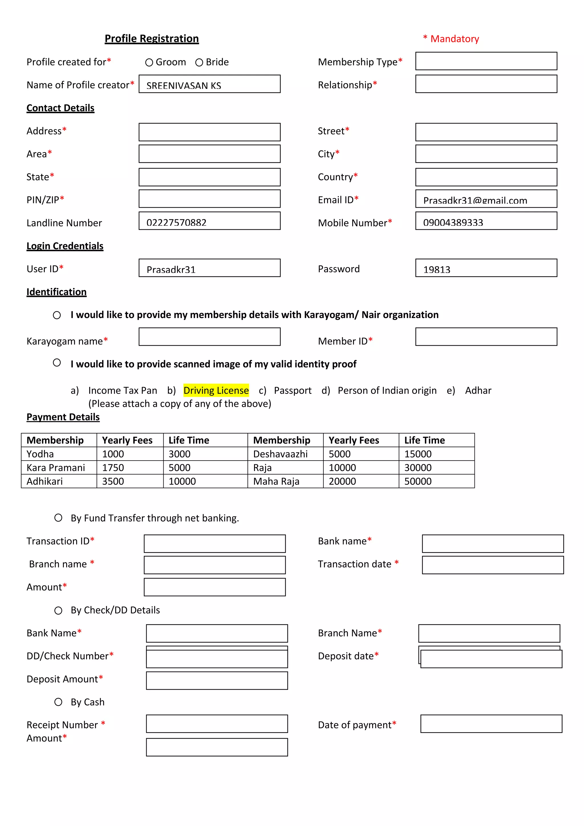 NairShree Matrimonial Profile Registration Form Ver 2.0 | DOC