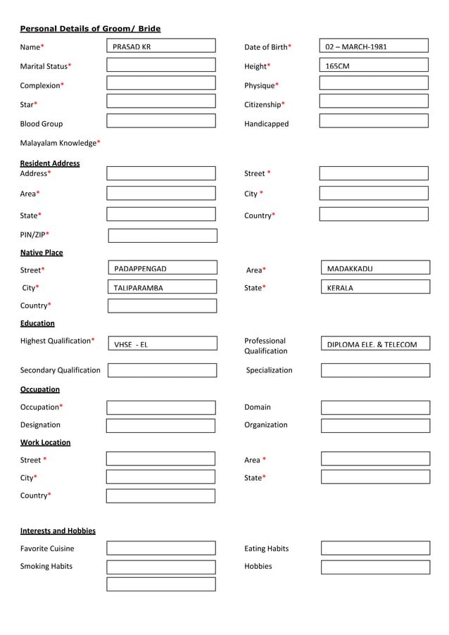 NairShree Matrimonial Profile Registration Form Ver 2.0 | PDF