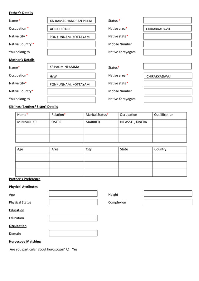 NairShree Matrimonial Profile Registration Form Ver 2.0 | PDF
