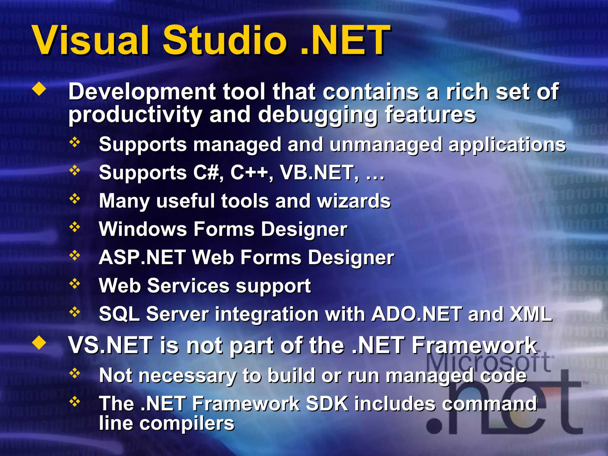 Microsoft .NET Framework | PPT | Programming Languages | Computing