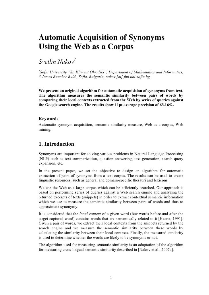 Automatic Acquisition Of Synonyms Using The Web As A Corpus
