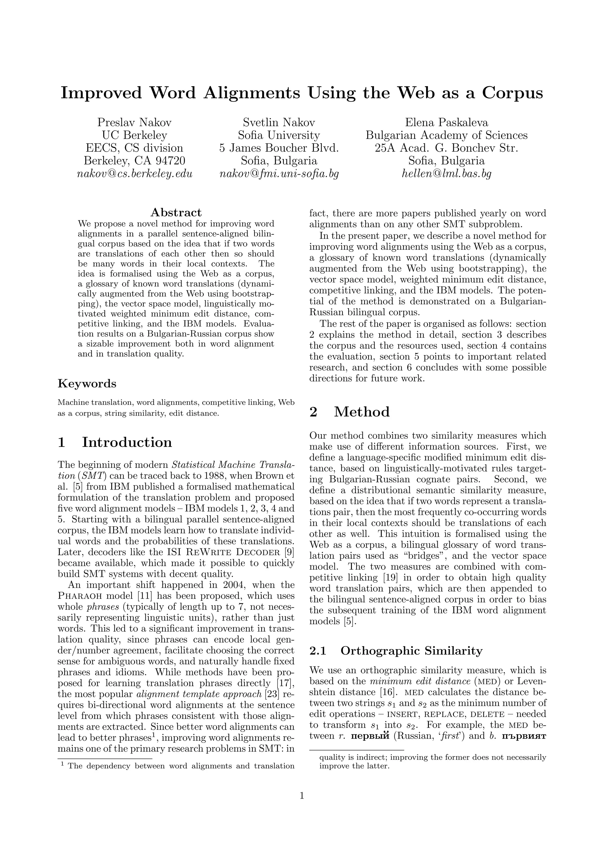 Nakov S., Nakov P., Paskaleva E., Improved Word Alignments Using the Web as a Corpus | PPT
