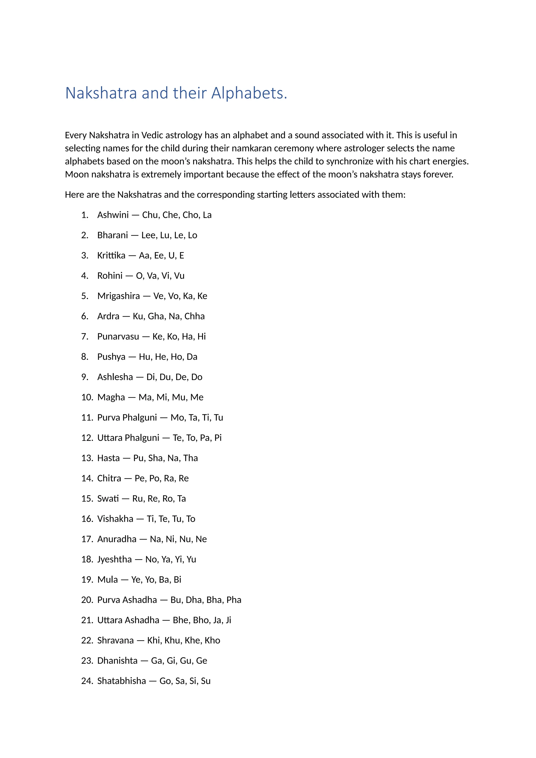 Nakshatra and their Alphabets in Vedic Astrology | DOCX