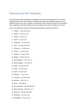 Nakshatra and their Alphabets in Vedic Astrology | DOCX