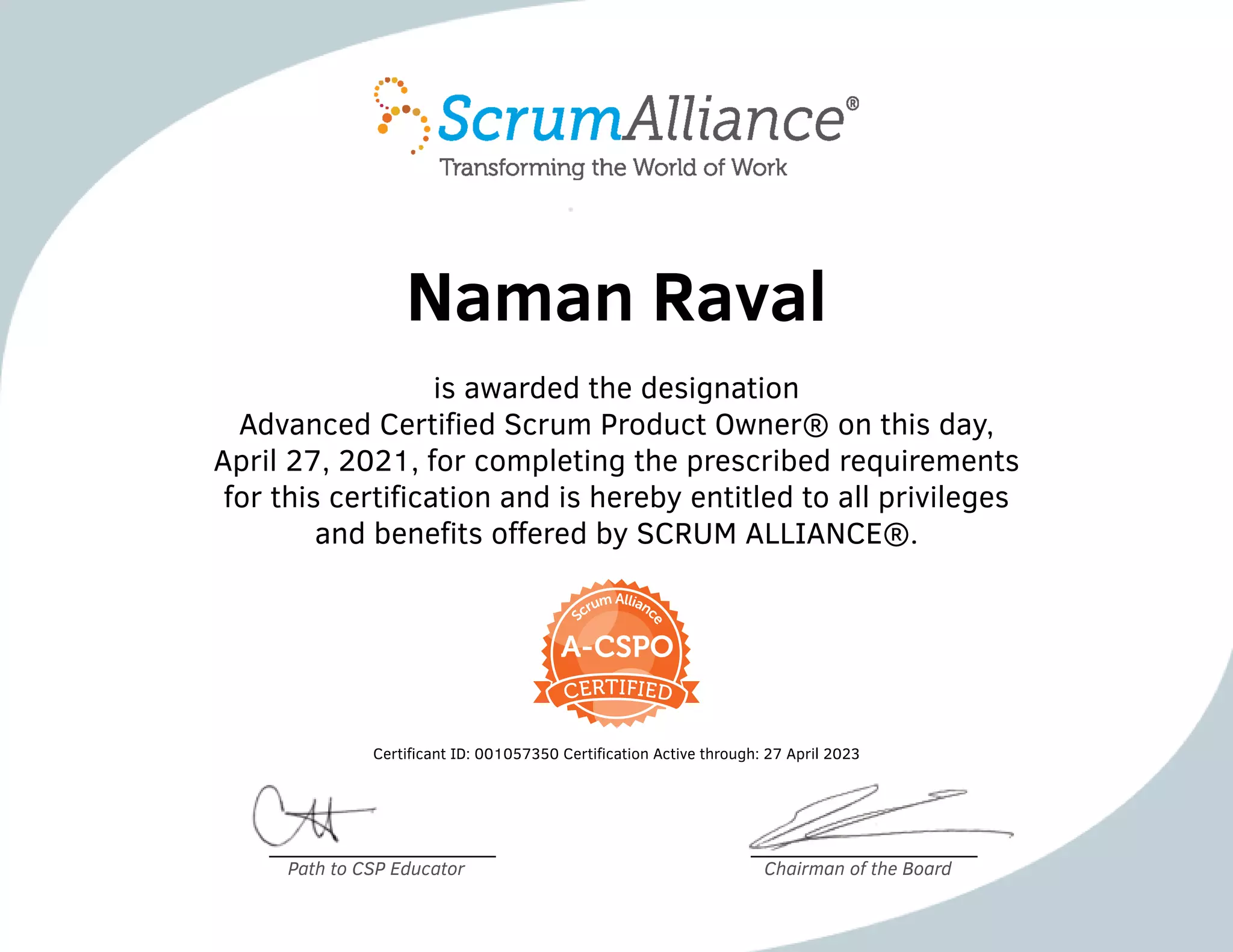 Naman raval scrum alliance-advcspo_certificate | PDF | Technology & Computing