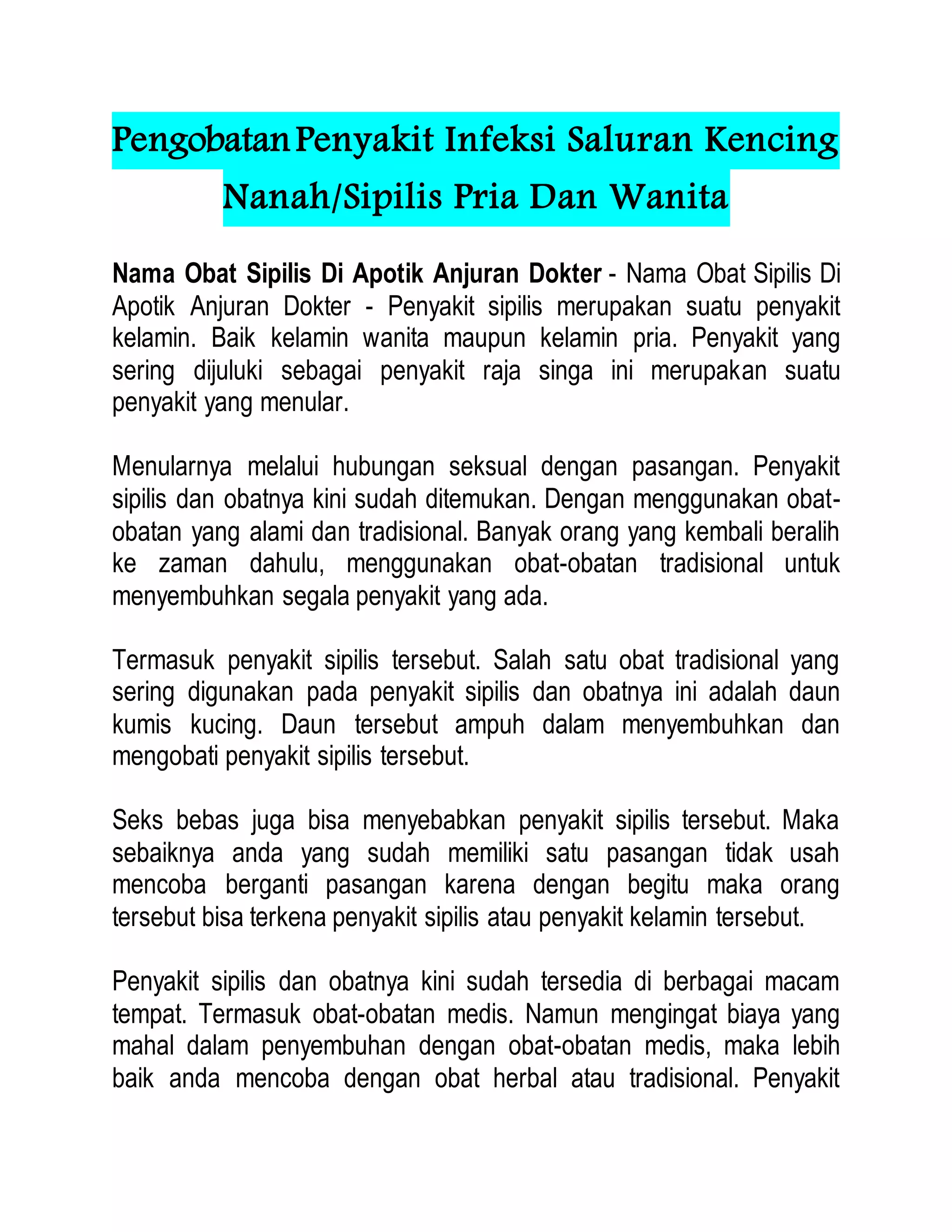 Nama Obat Sipilis Di Apotik Anjuran Dokter | DOCX