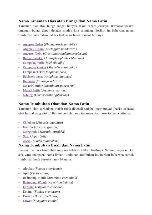 Nama tanaman hias atau bunga dan nama latin | PDF