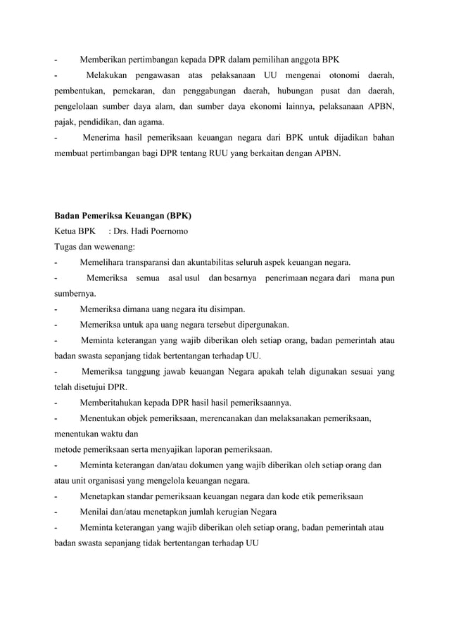 Nama, tugas dan wewenang presiden, wakil presiden, mpr, dpr, ma, mk, ky, dpd, bpk | DOCX