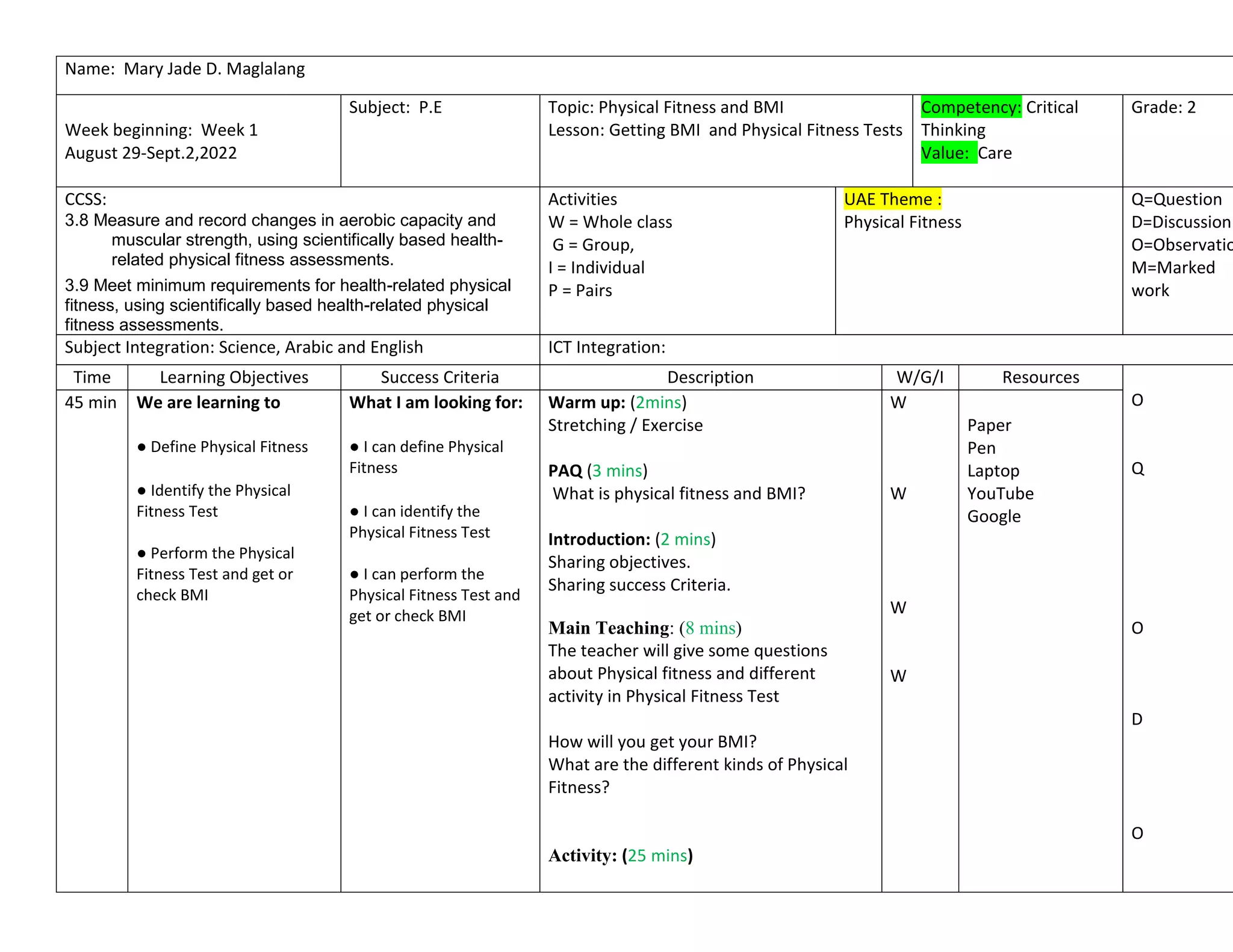 lesson plan g6 | DOCX