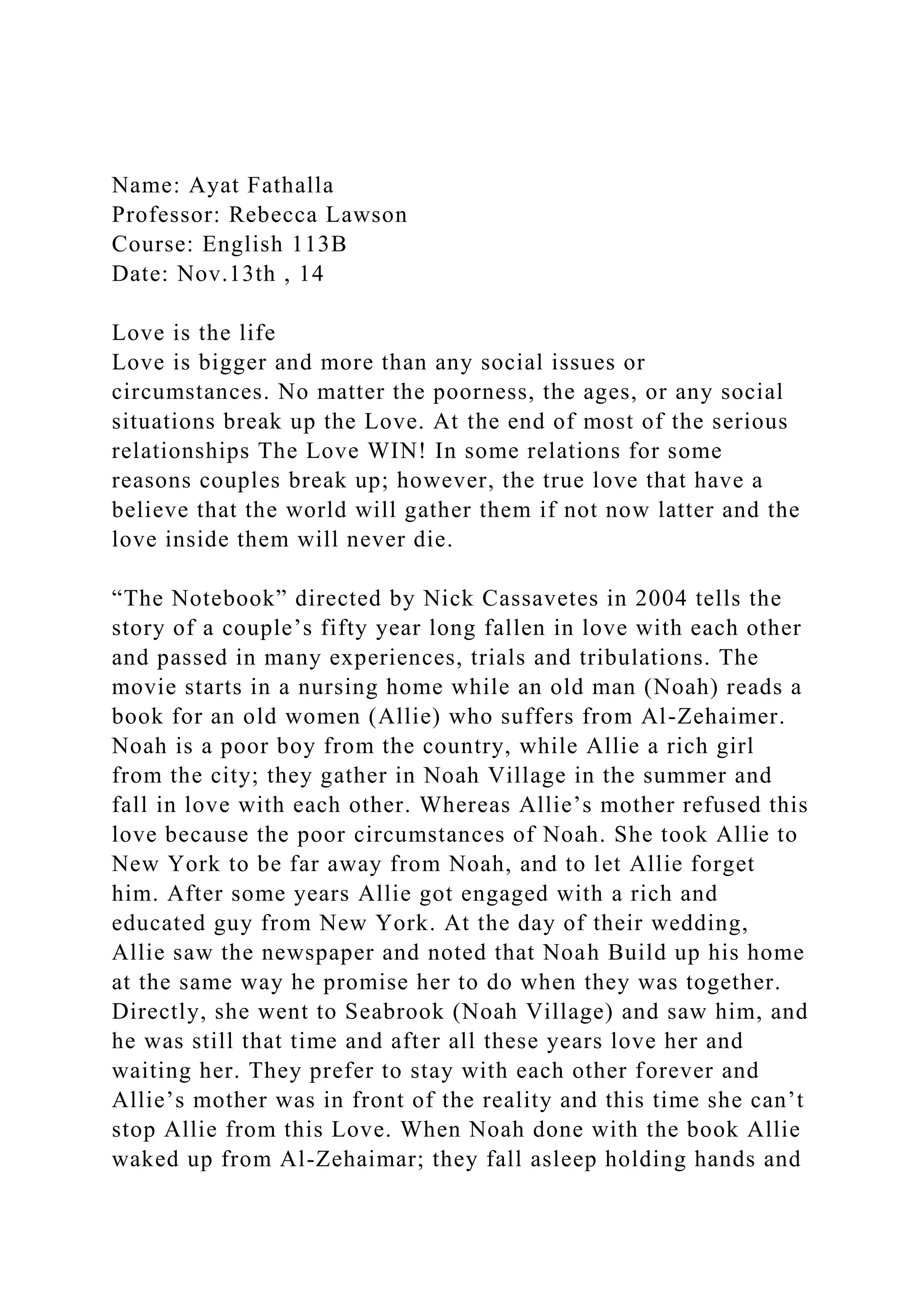 Name Ayat FathallaProfessor Rebecca LawsonCourse English 11.docx | Romance | Genres