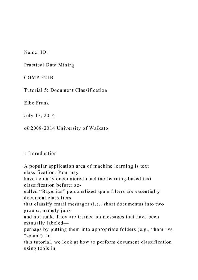 Name IDPractical Data MiningCOMP-321BTutorial 5.docx | Internet | Computing