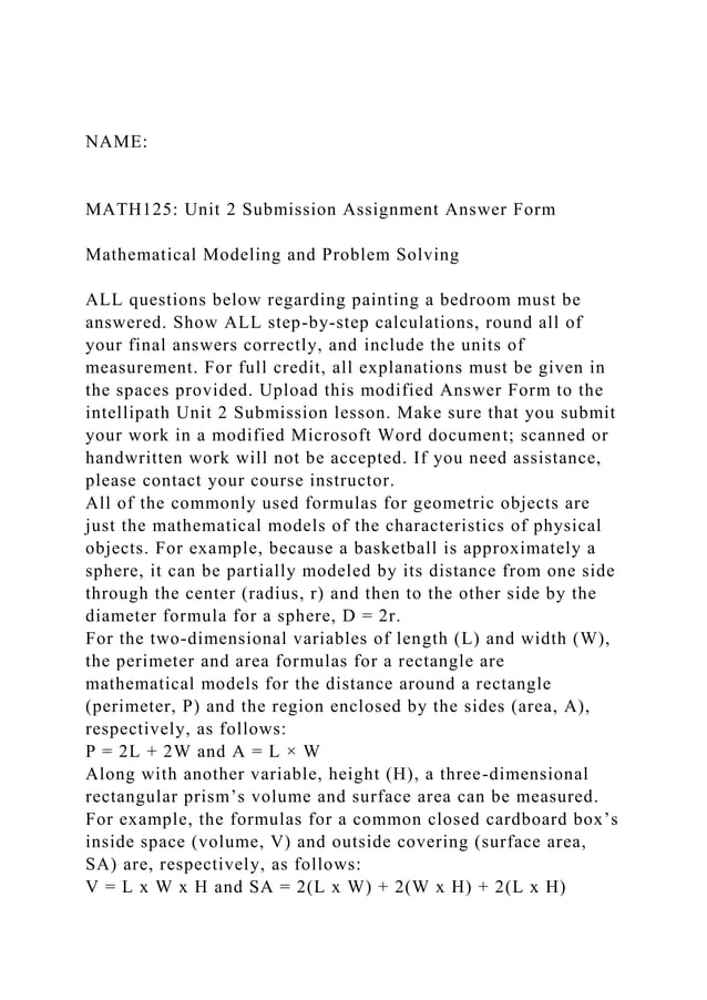 NAMEMATH125 Unit 2 Submission Assignment Answer FormMa.docx | Home Improvement | Home & Garden