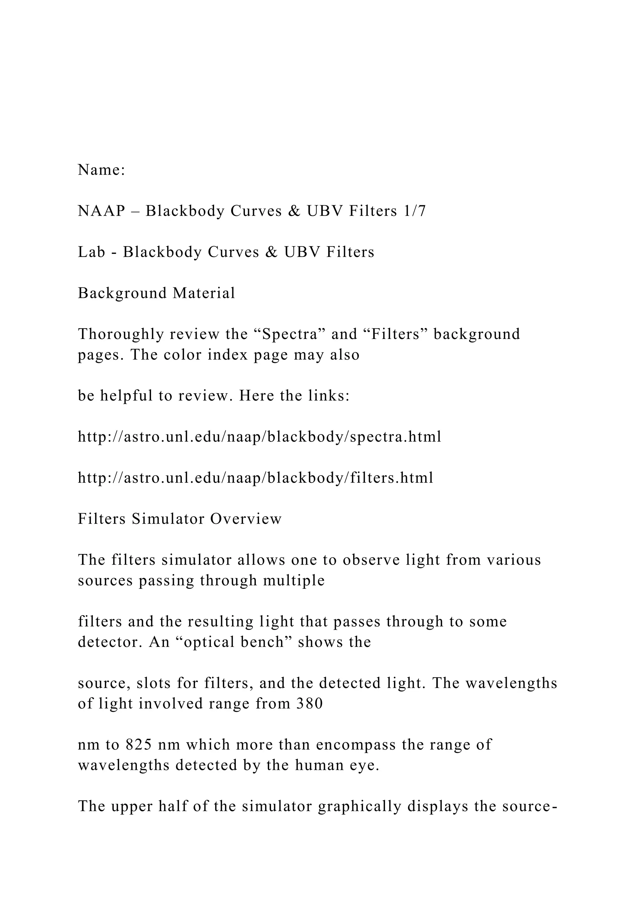 Name NAAP – Blackbody Curves & UBV Filters 17 Lab .docx