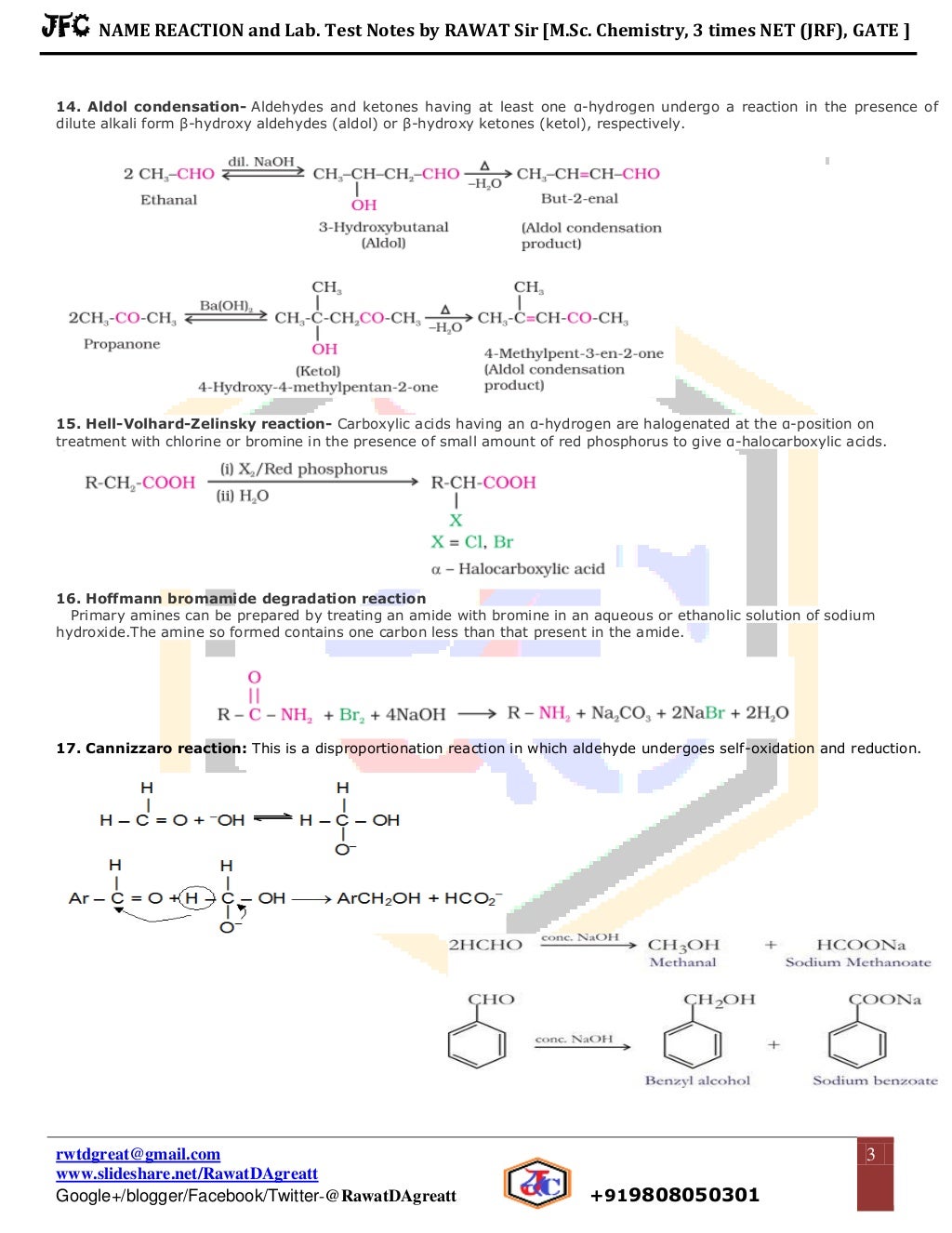 Name reactions organic chemistry for class 12 rawat's jfc