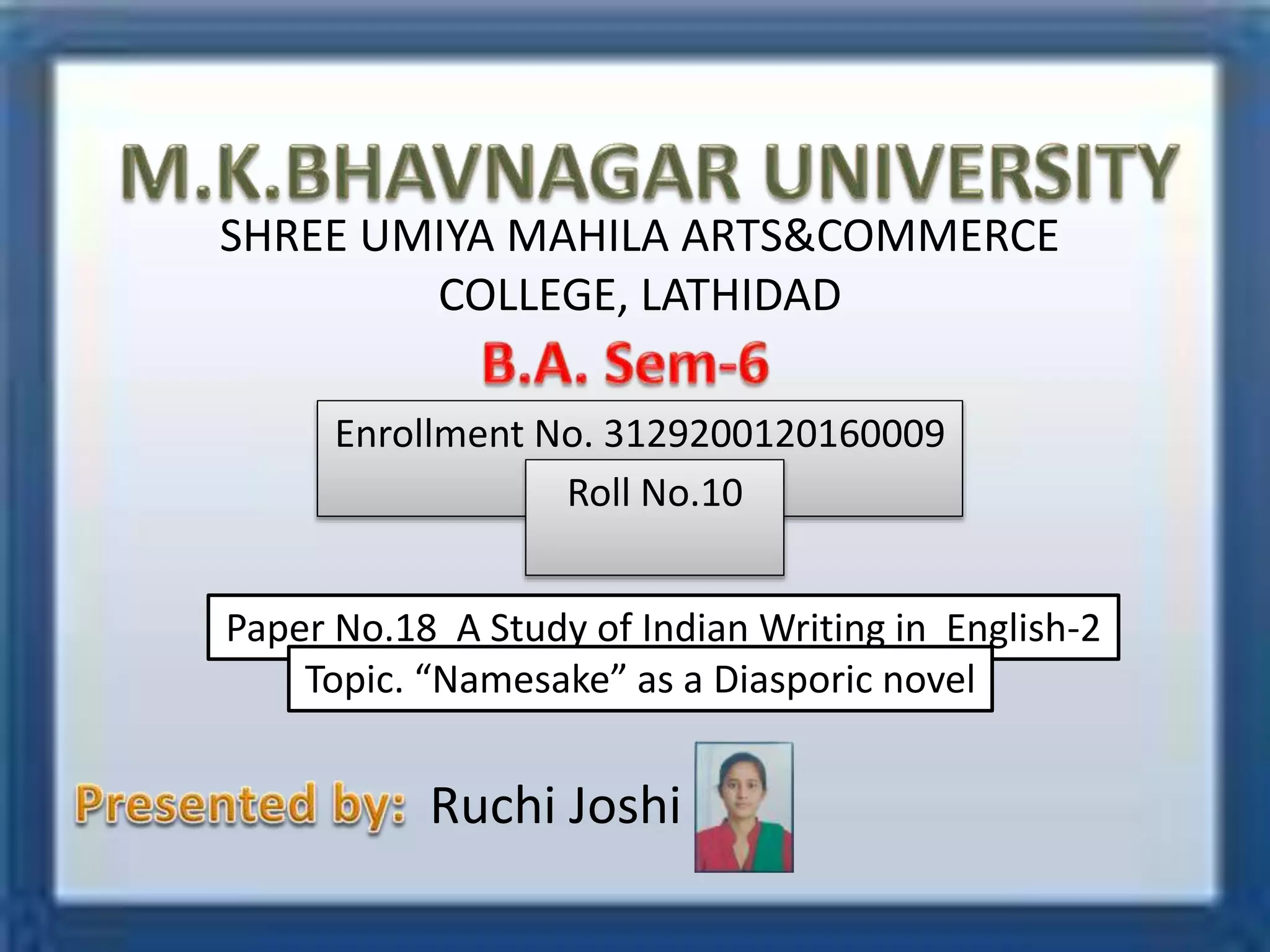 Namesake as diasporic novel | PPTX