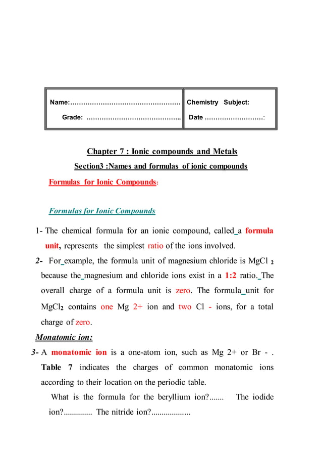 Names and formulas of ionic compounds study guide | PDF