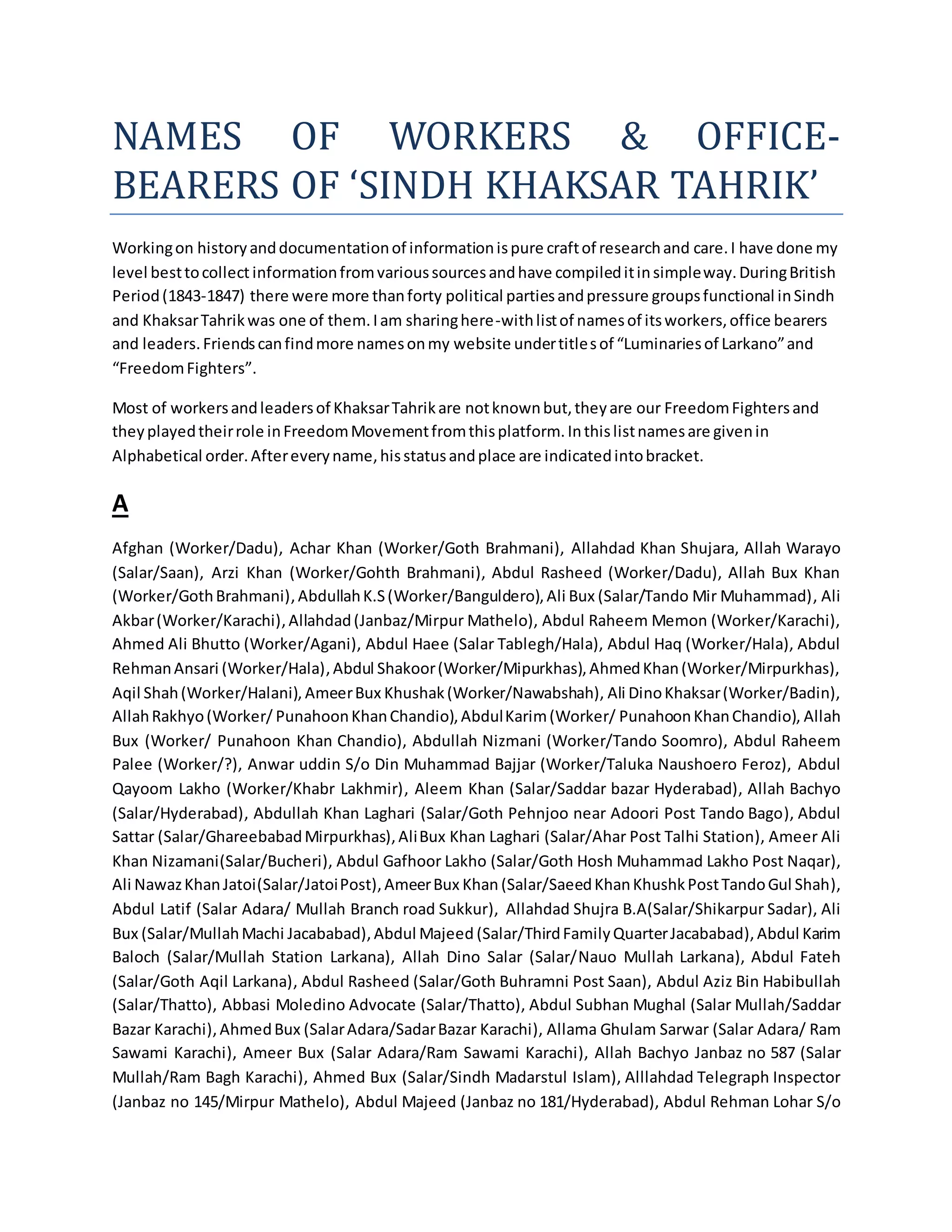 Names of workers & Office-bearers of "Sindh Khaksar Tahrik" | PDF