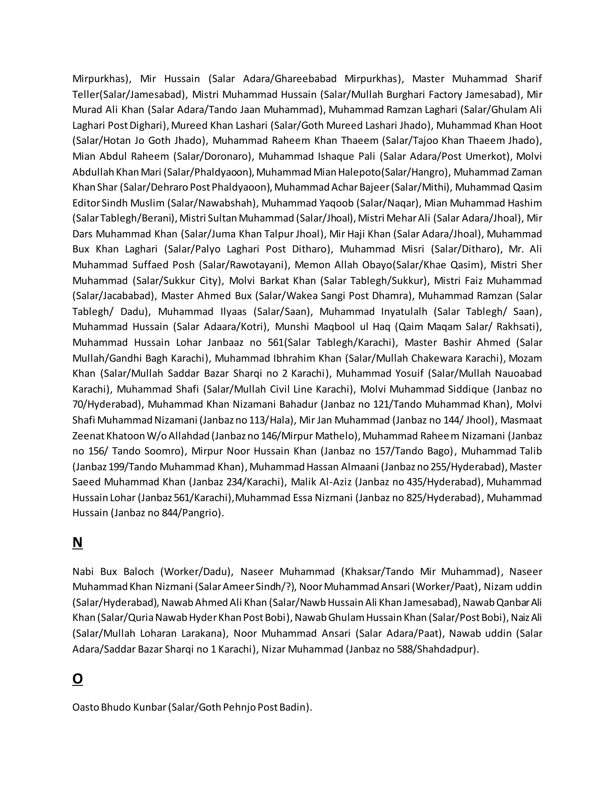 Names of workers & Office-bearers of "Sindh Khaksar Tahrik" | PDF