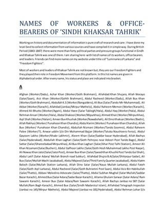 Names of workers & Office-bearers of "Sindh Khaksar Tahrik" | PDF