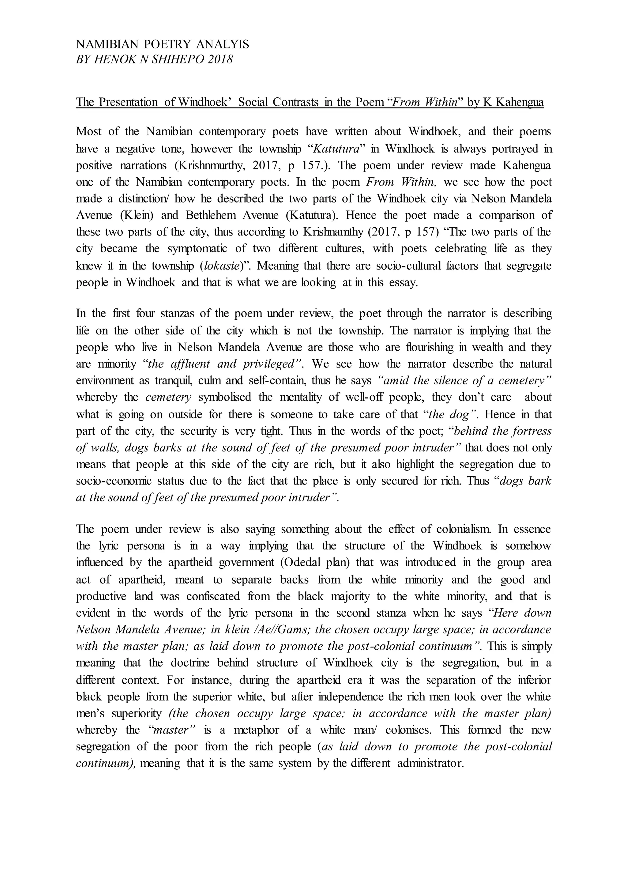 The Presentation of Windhoek’ Social Contrasts in the Poem “From Within ...