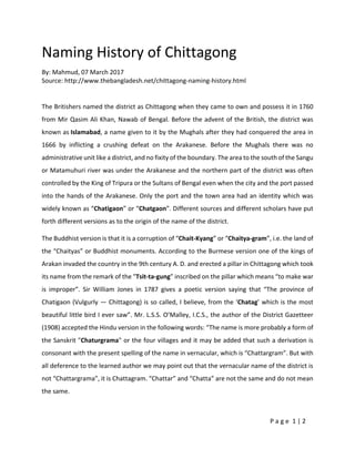 Naming History of Chittagong Bangladesh | PDF