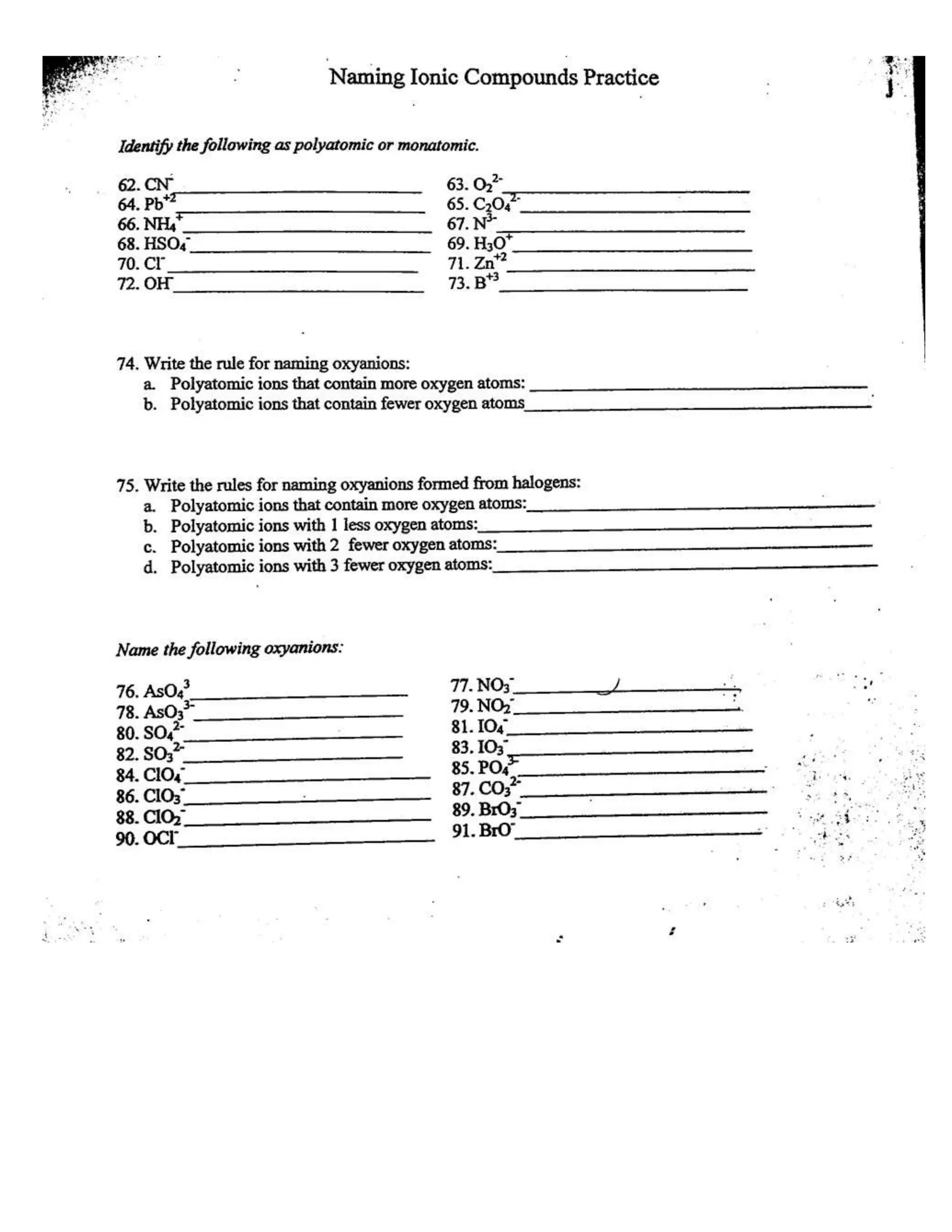 Naming ionic compounds and polyatomic ions | DOCX | Chemistry | Science
