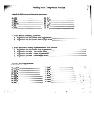 Naming ionic compounds and polyatomic ions | DOCX | Chemistry | Science