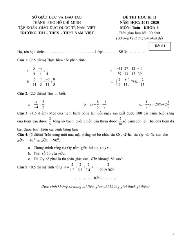 Đề Thi HK2 Toán 6 - THCS Nam Việt | DOCX | Educational Assessment | Education