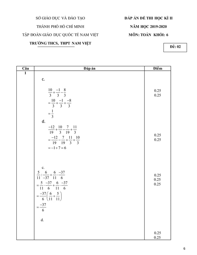 Đề Thi HK2 Toán 6 - THCS Nam Việt | DOCX | Educational Assessment | Education