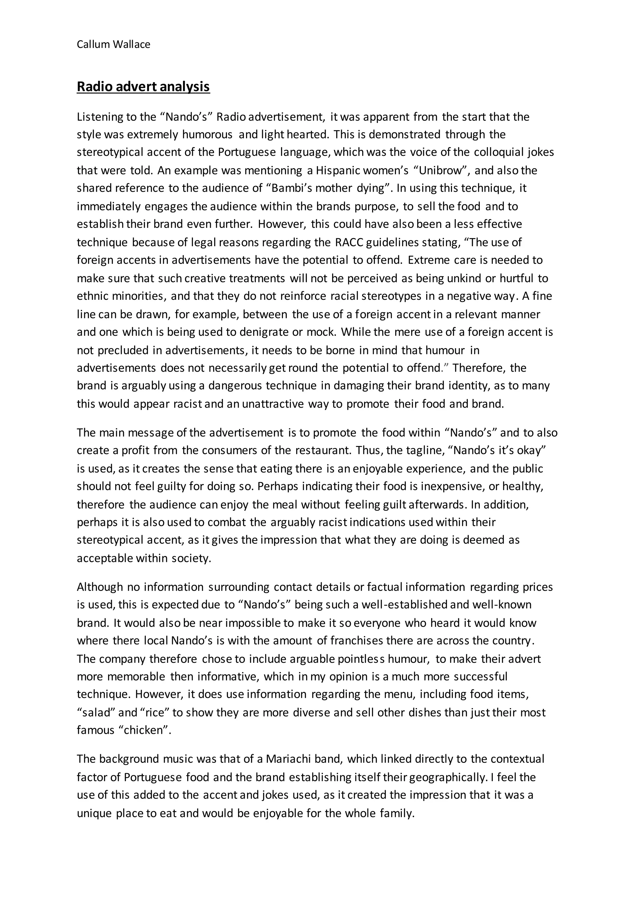 Nandos advert analysis finished | DOCX