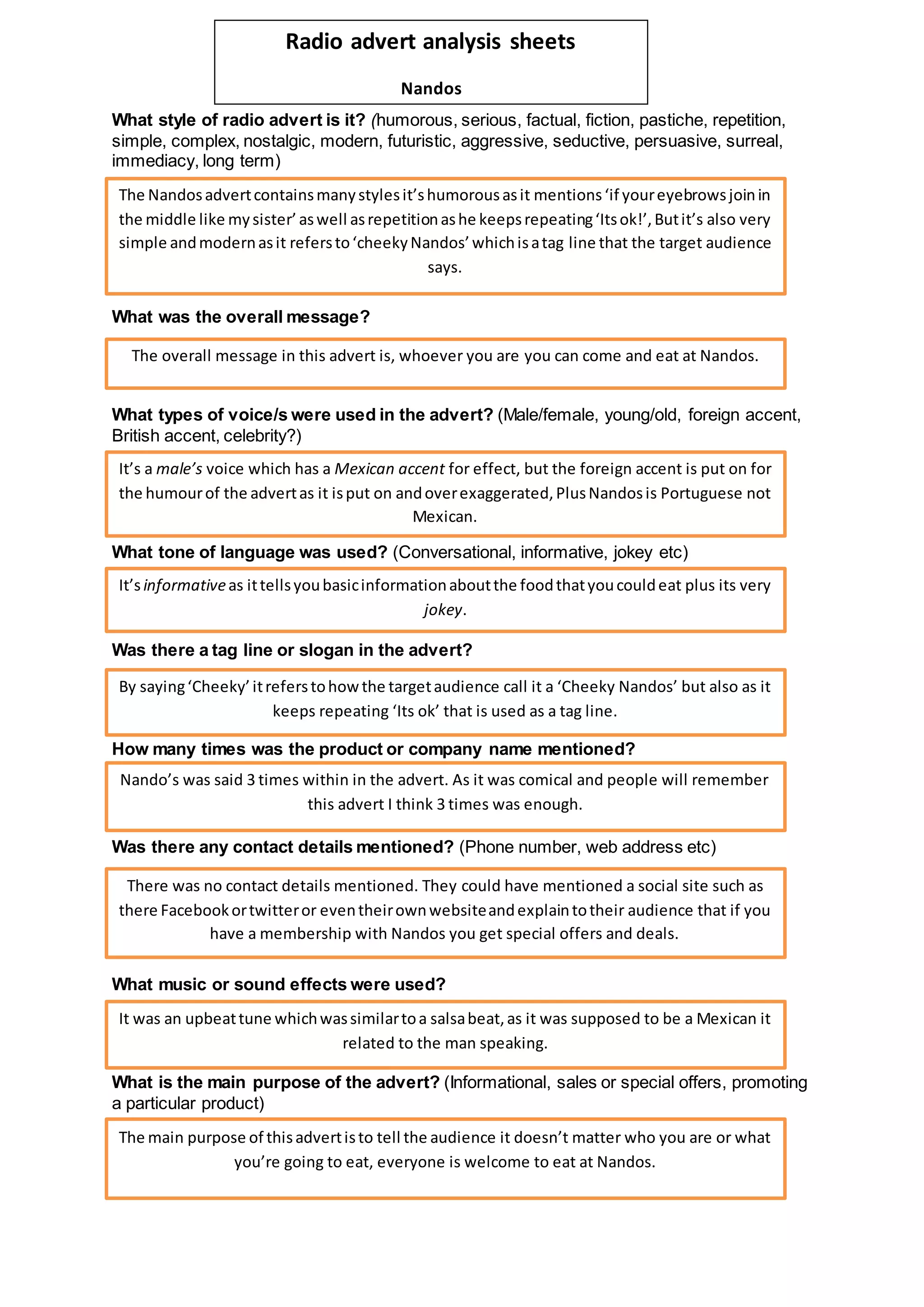 Nandos analysis sheet | DOCX