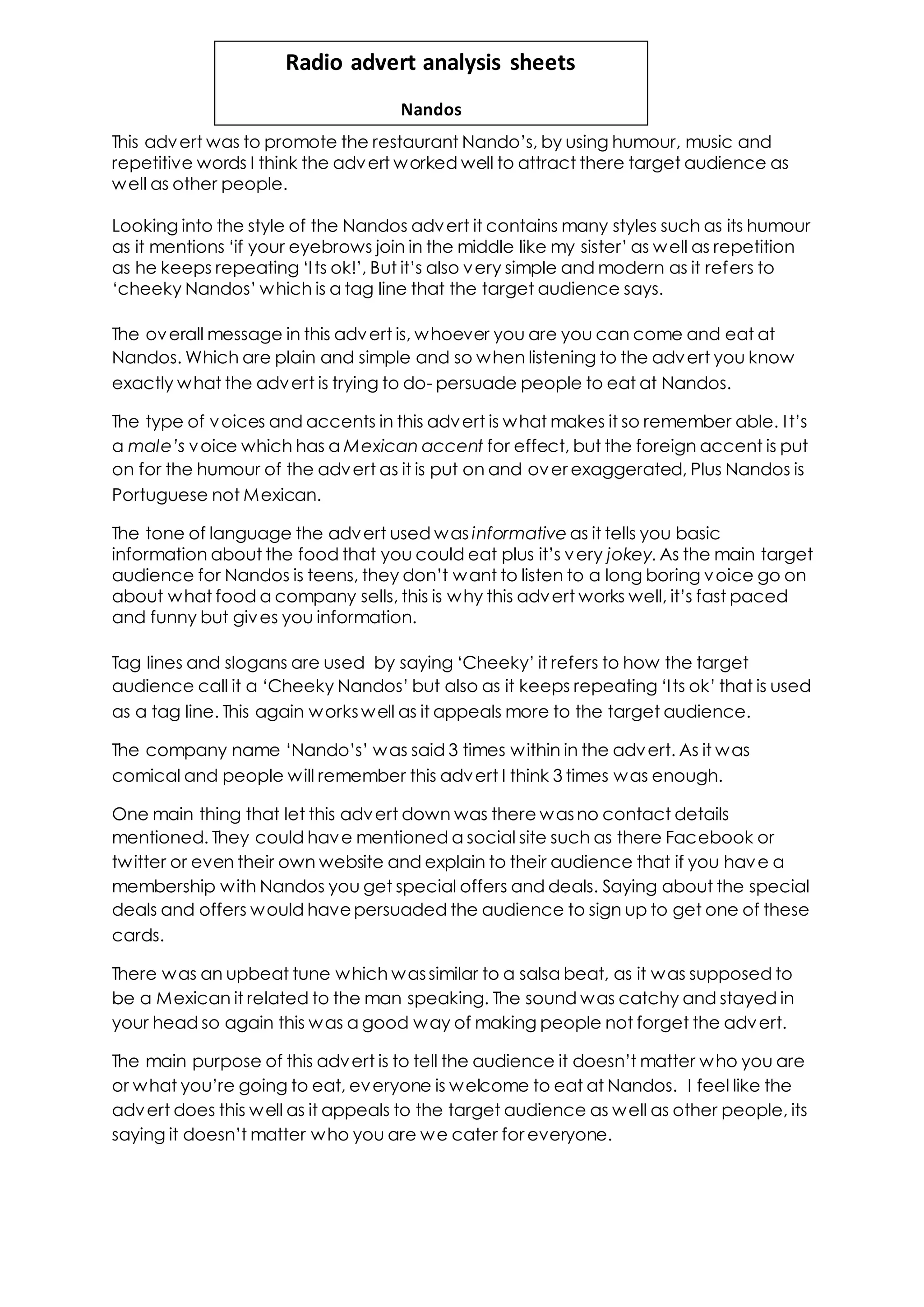 Nandos advert analysis sheet | DOCX