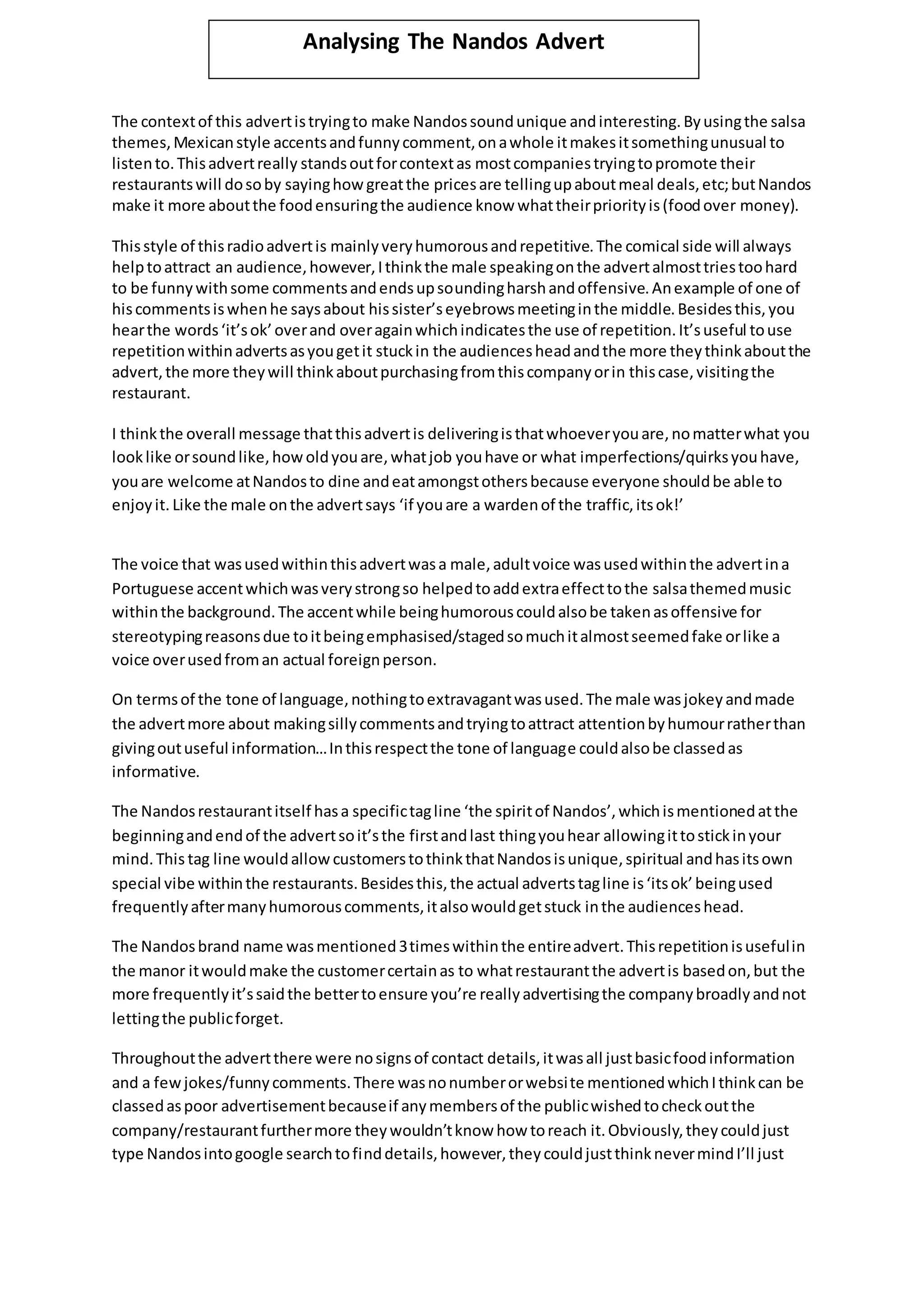 Nandos radio advert analysis sheet (1) | DOCX | Bars & Restaurants | Attractions